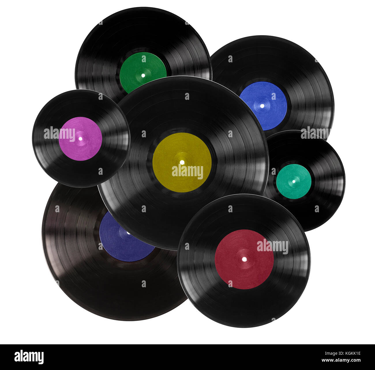 Vinyl records with colorful labels on white background Stock Photo - Alamy