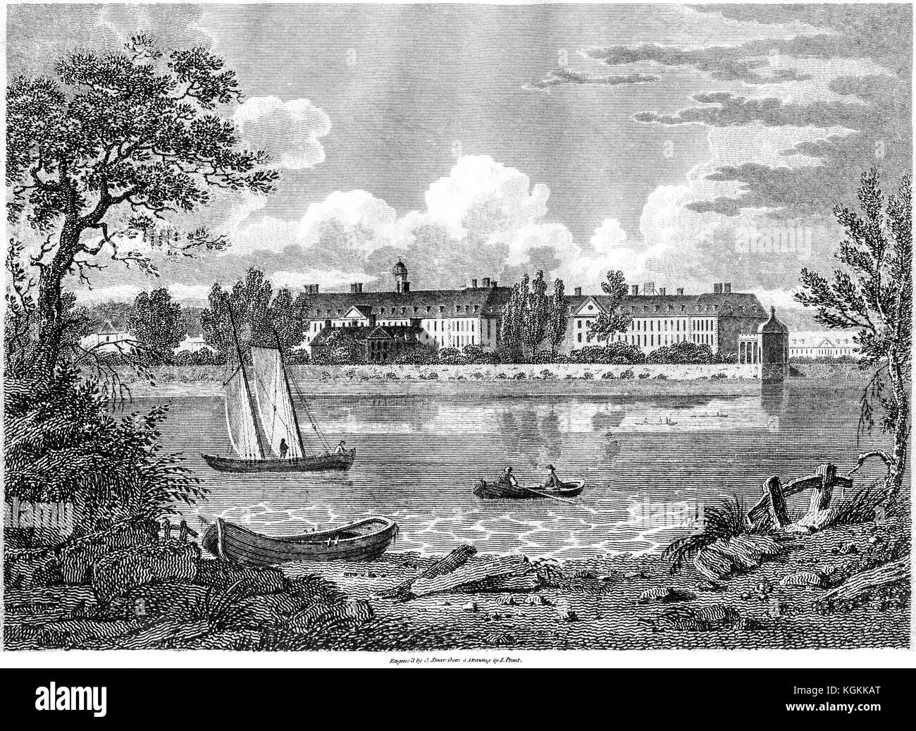 An engraving of Chelsea Hospital scanned at high resolution from a book ...