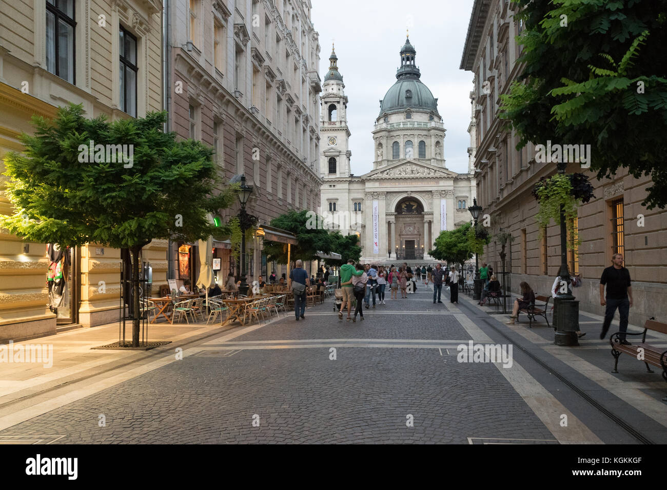 Budapest, Hungary. Zrinyi Utca street and Saint Stephen`s Basilica ...