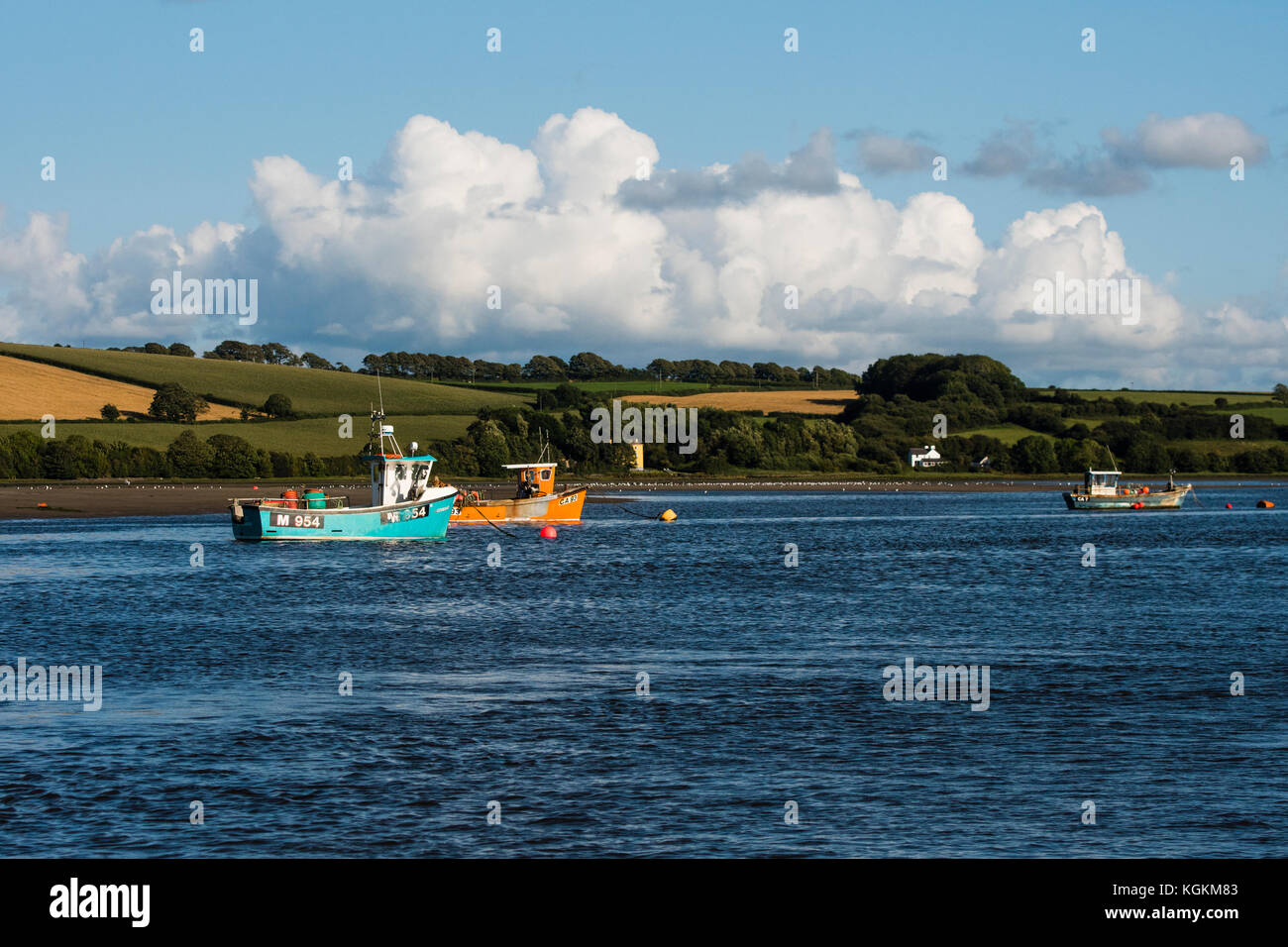 Small inshore fishing boats at anchor on the Teifi river estuary at ...