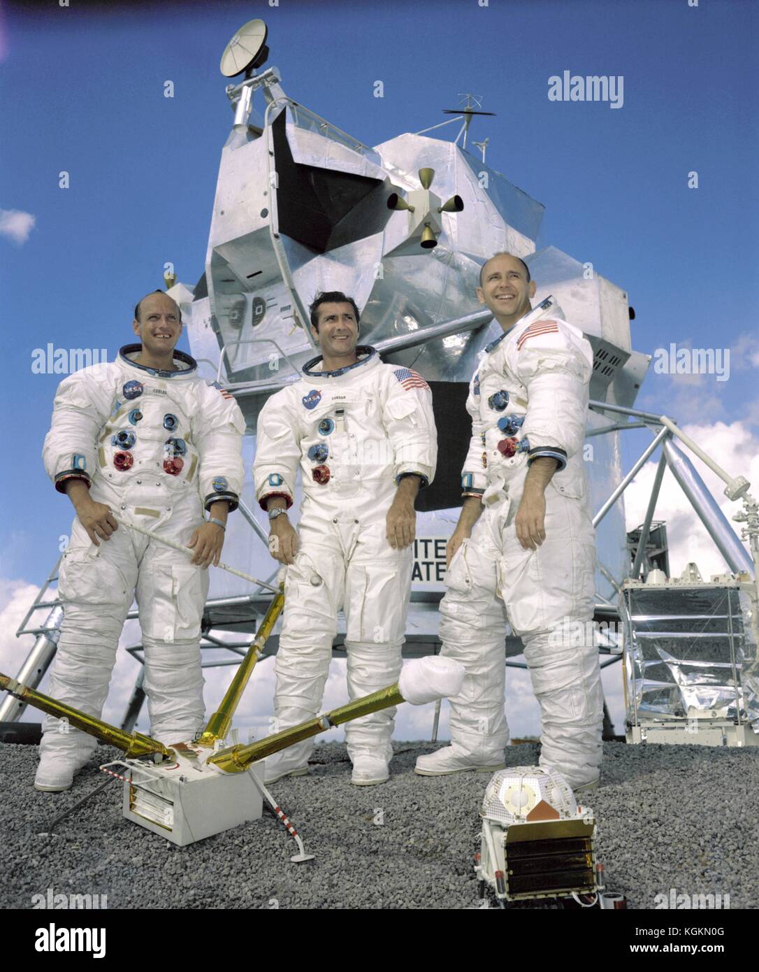 NASA Apollo 12 astronauts pose for a group photo infant of the lunar ...