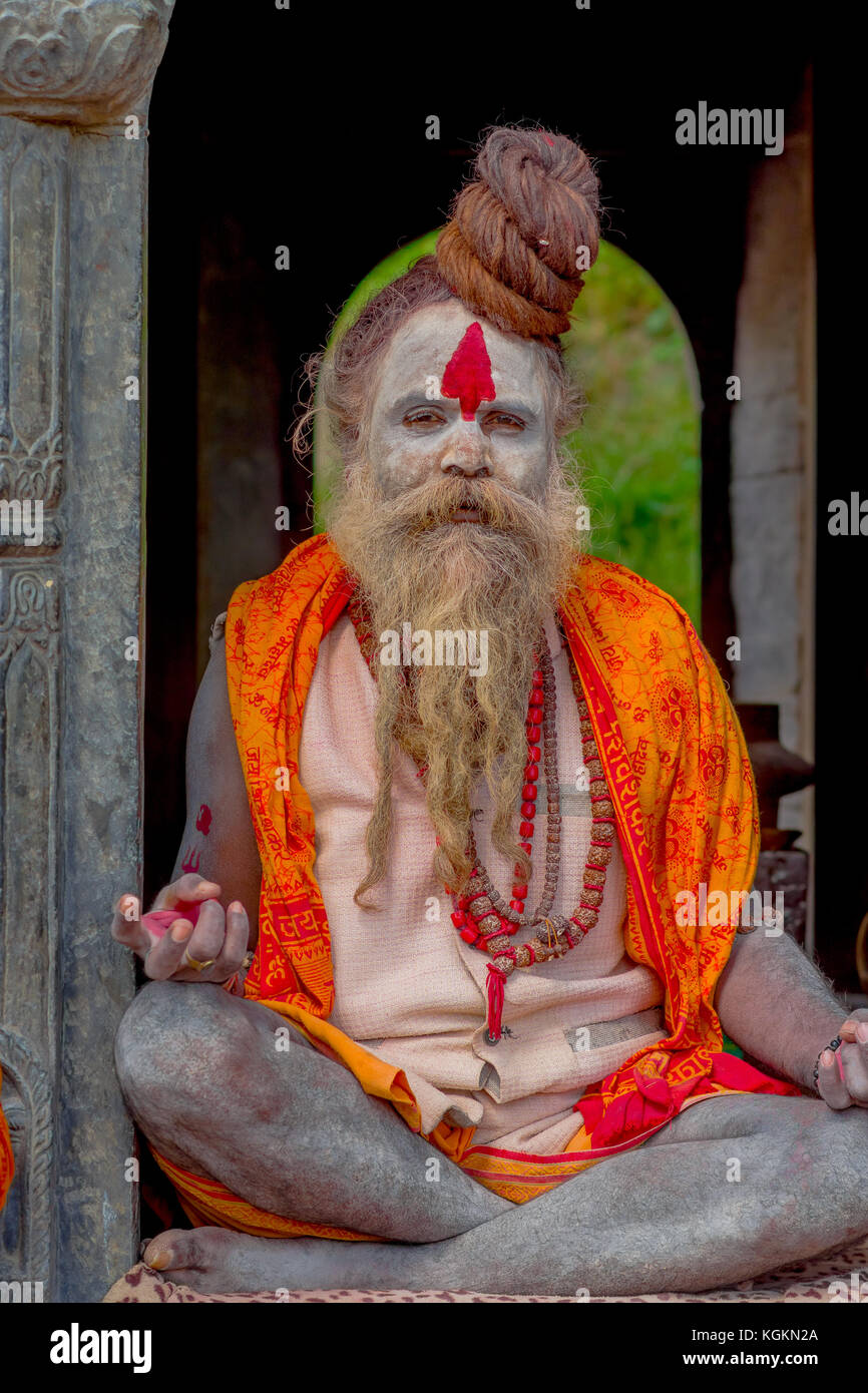 KATHMANDU, NEPAL - MARCH 22, 2017: Close up of Yogi Shaiva sadhu ...