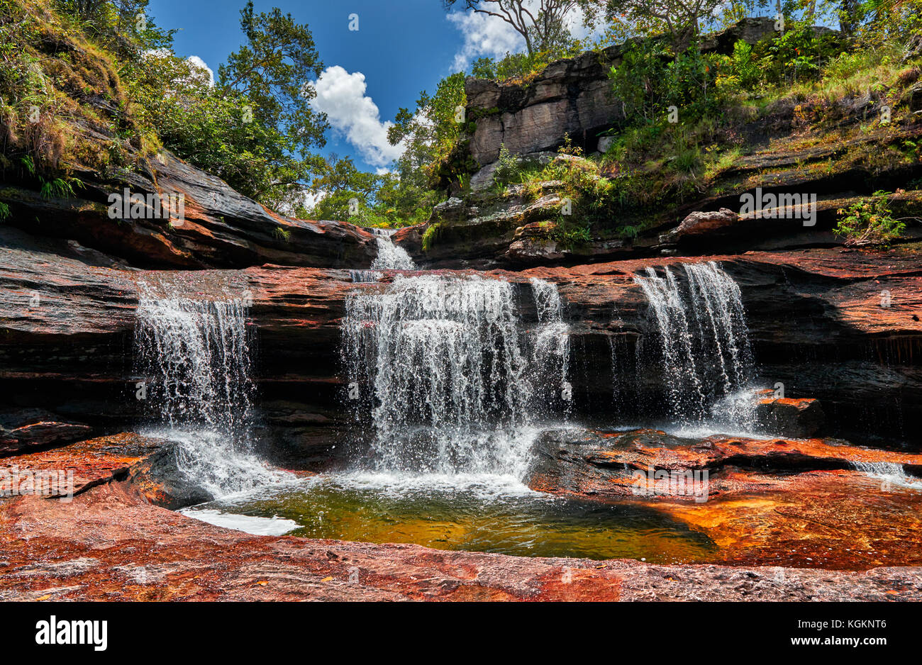 a waterfall at Cano Cristales called the "River of Five Colors" or the ...