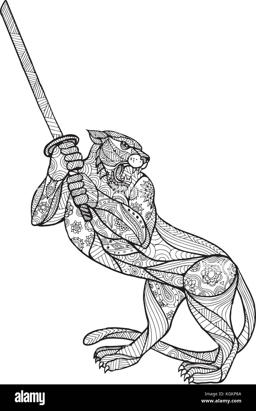 Mandala style illustration of a tiger brandishing katana sword in ...