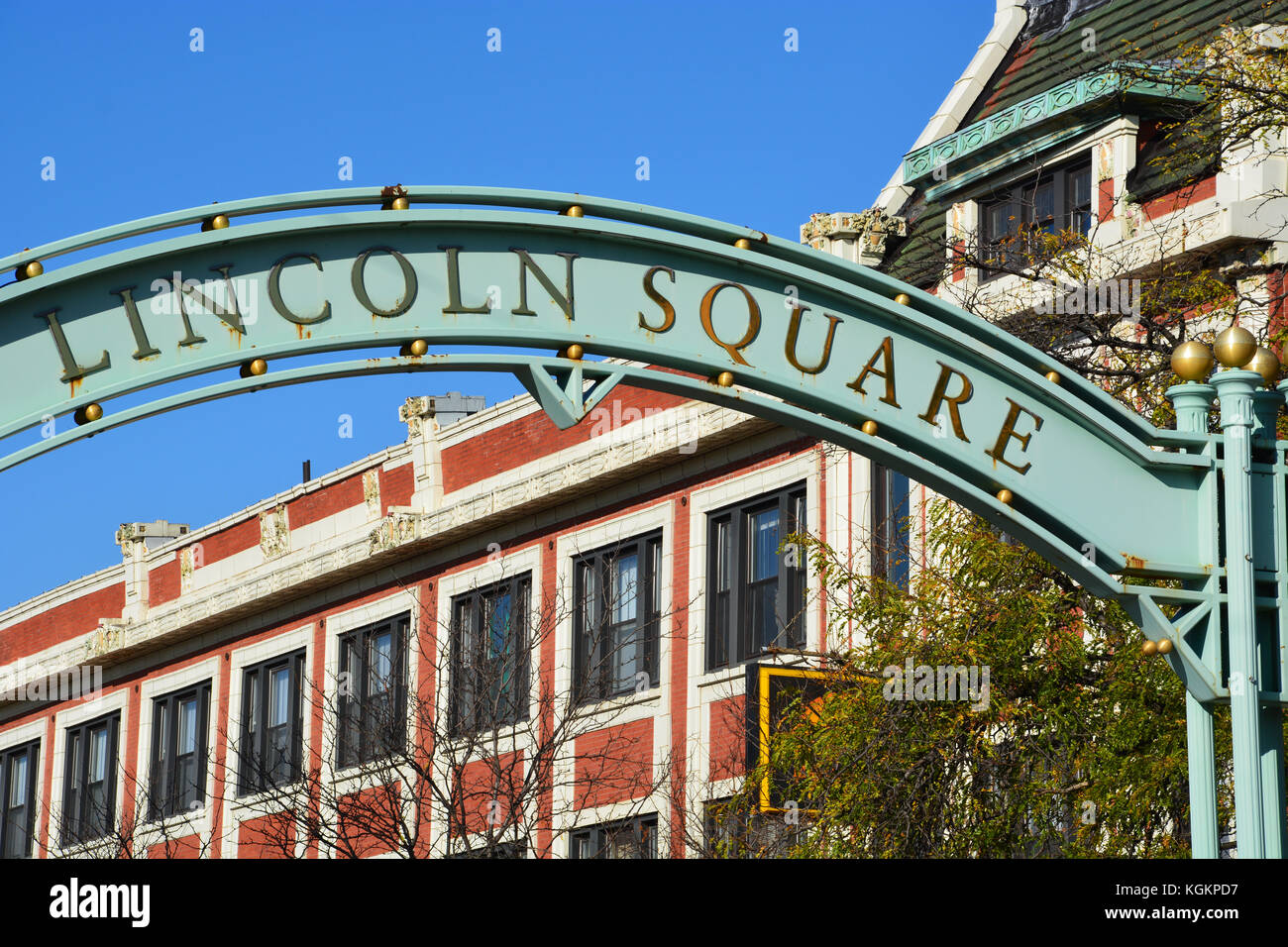 Streetscape sign in the Lincoln Square neighborhood on the north side ...