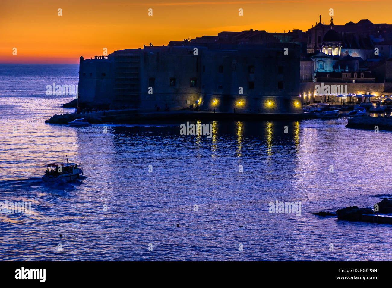 Aerial night view at Adriatic Coast in Croatia, Dubrovnik Riviera ...