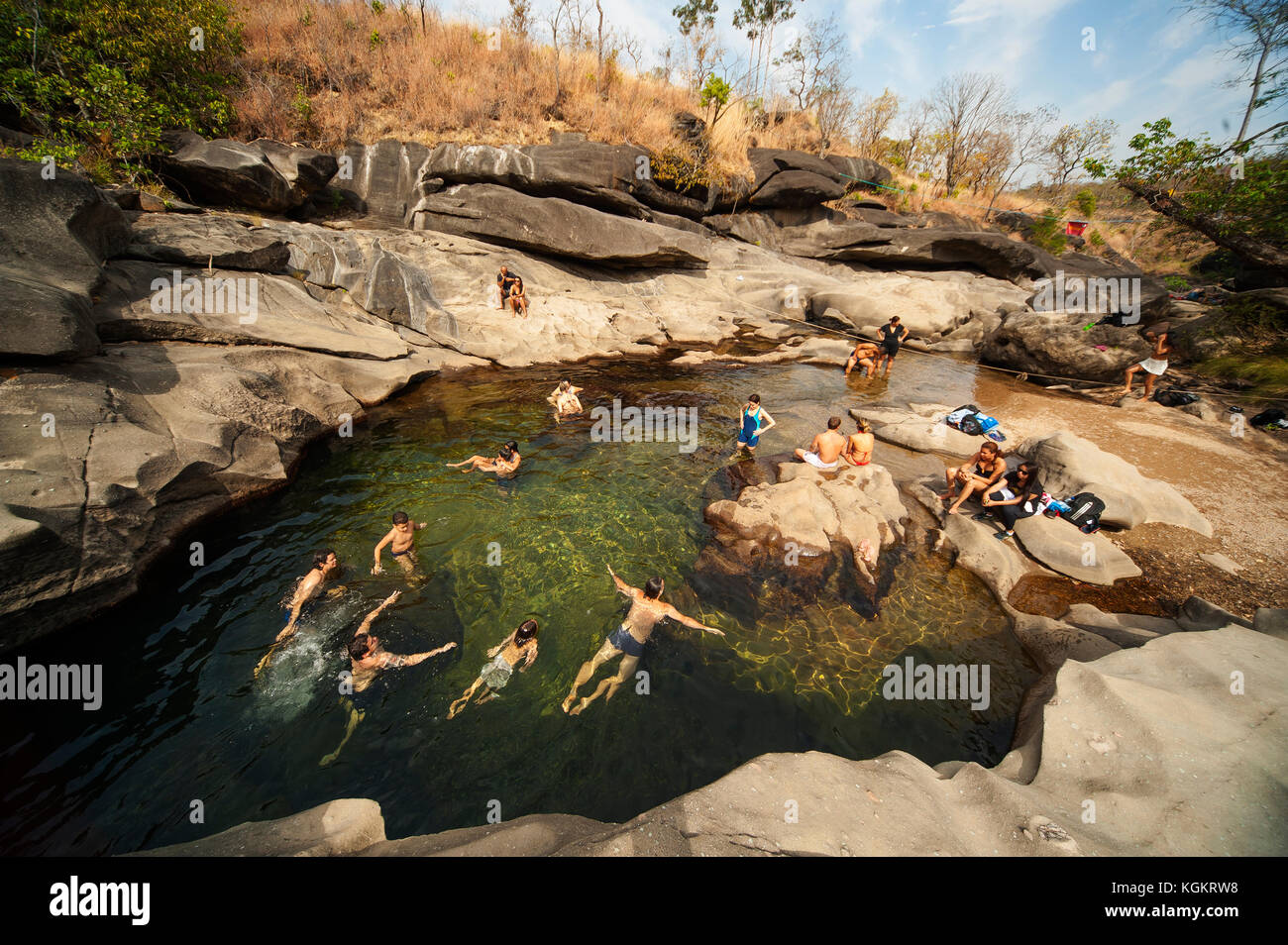 Tourists enjoying a visit to Vale da Lua, Chapada dos Veadeiros, Goiás ...