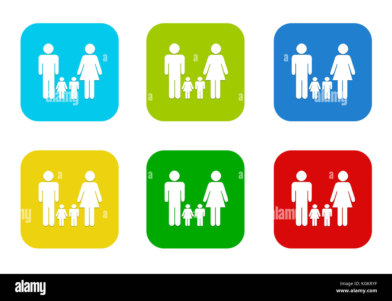 Set of rounded square colorful flat icons with family symbol in blue ...