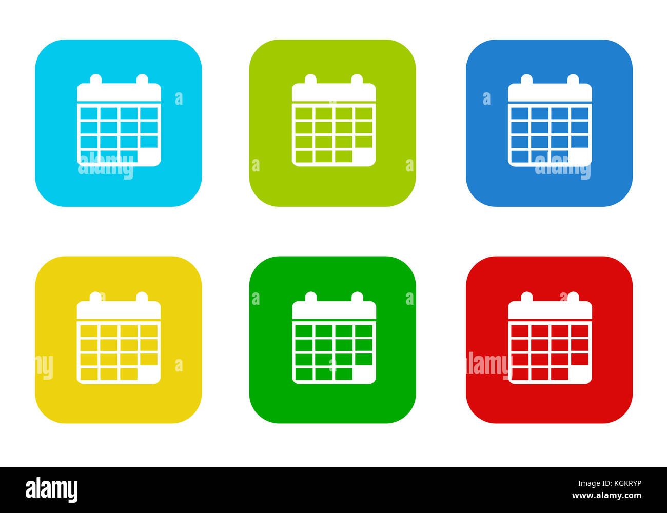 Set of rounded square colorful flat icons with calendar symbol in blue ...