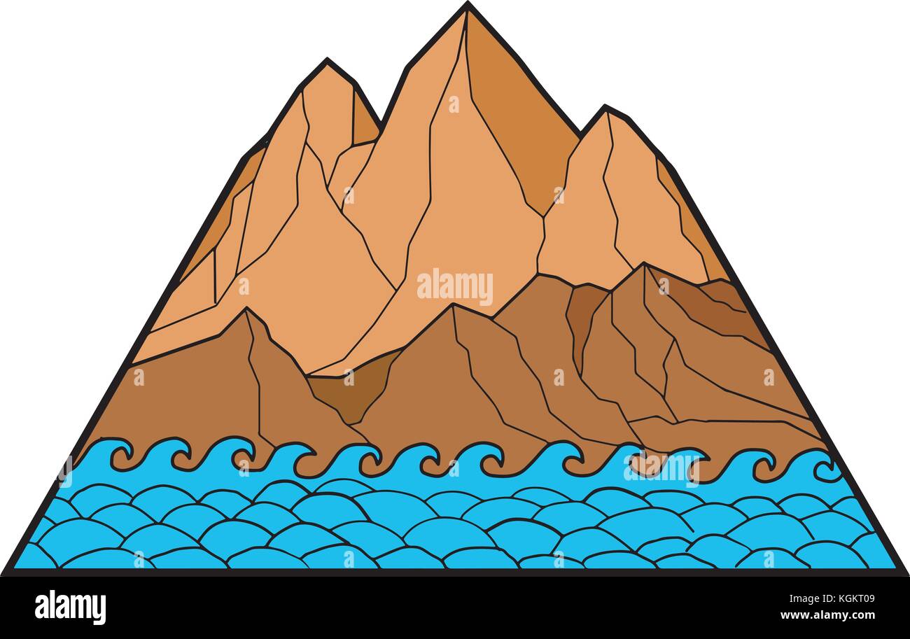 Mono line illustration of ragged mountain with sea waves crashing on ...