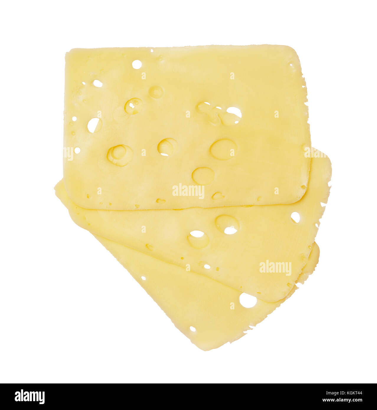 Three cheese slices with holes isolated on white background. Top view ...