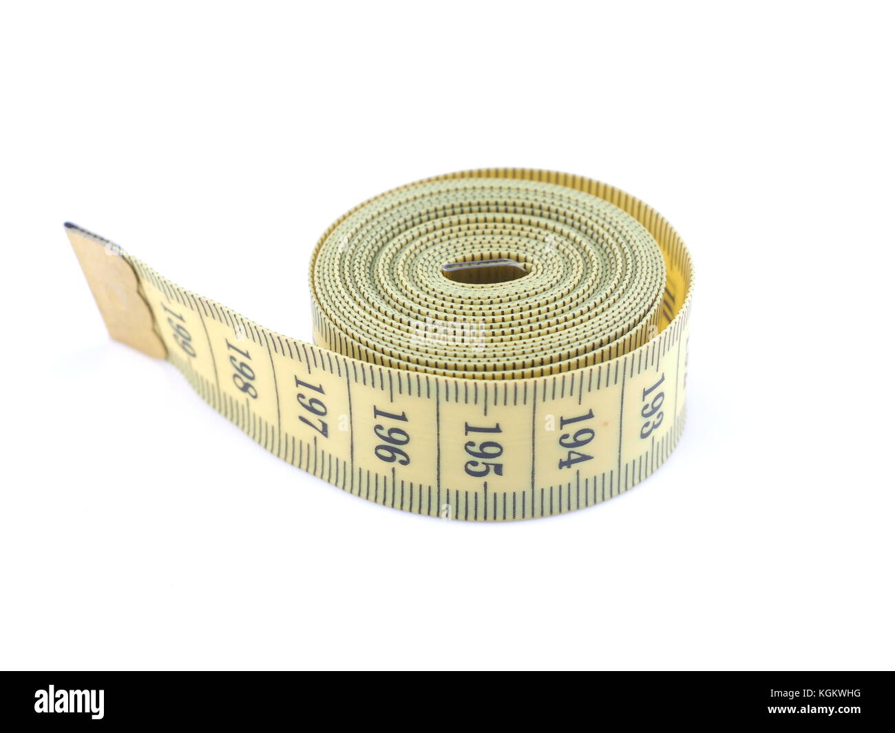 yellow measuring tape on white background Stock Photo - Alamy