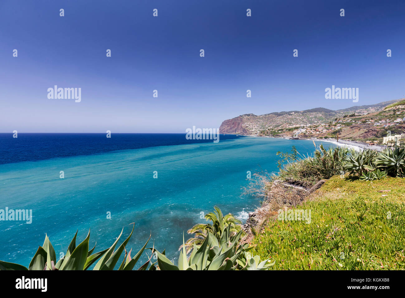 Different hues of blue in the waters near Camara de Lobos in Madeira ...