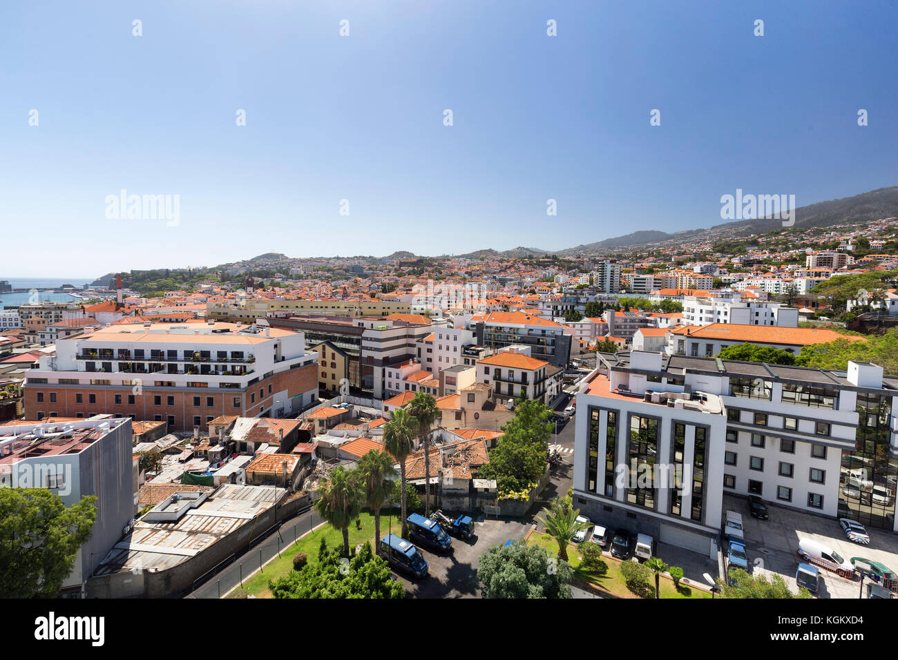 Aerial view of Funchal on a bright sunny summer day in Madeira ...