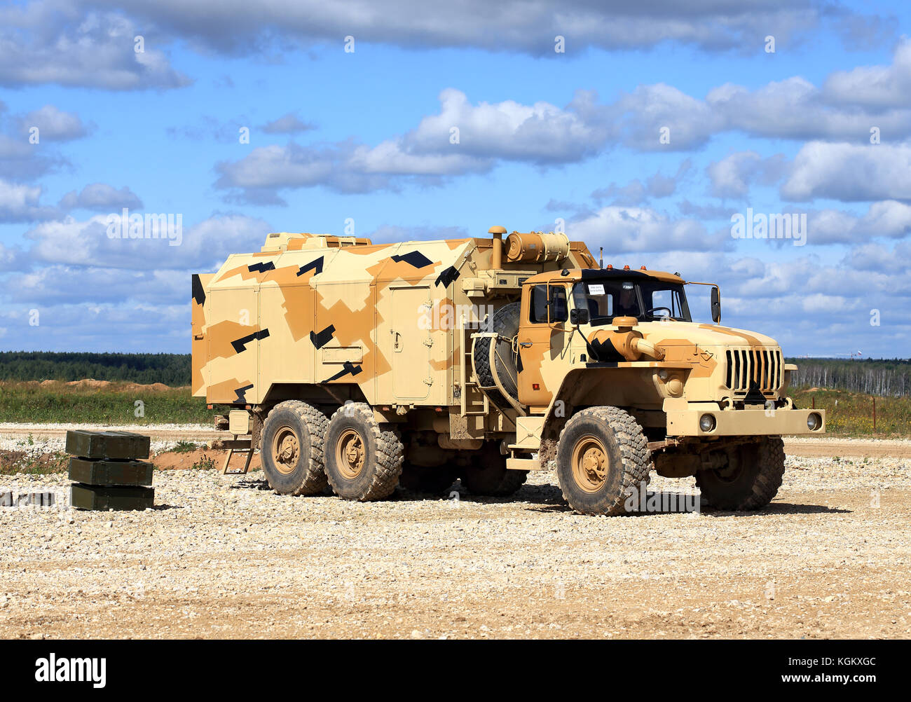 Military vehicle with a metal frame and box body for technical support ...