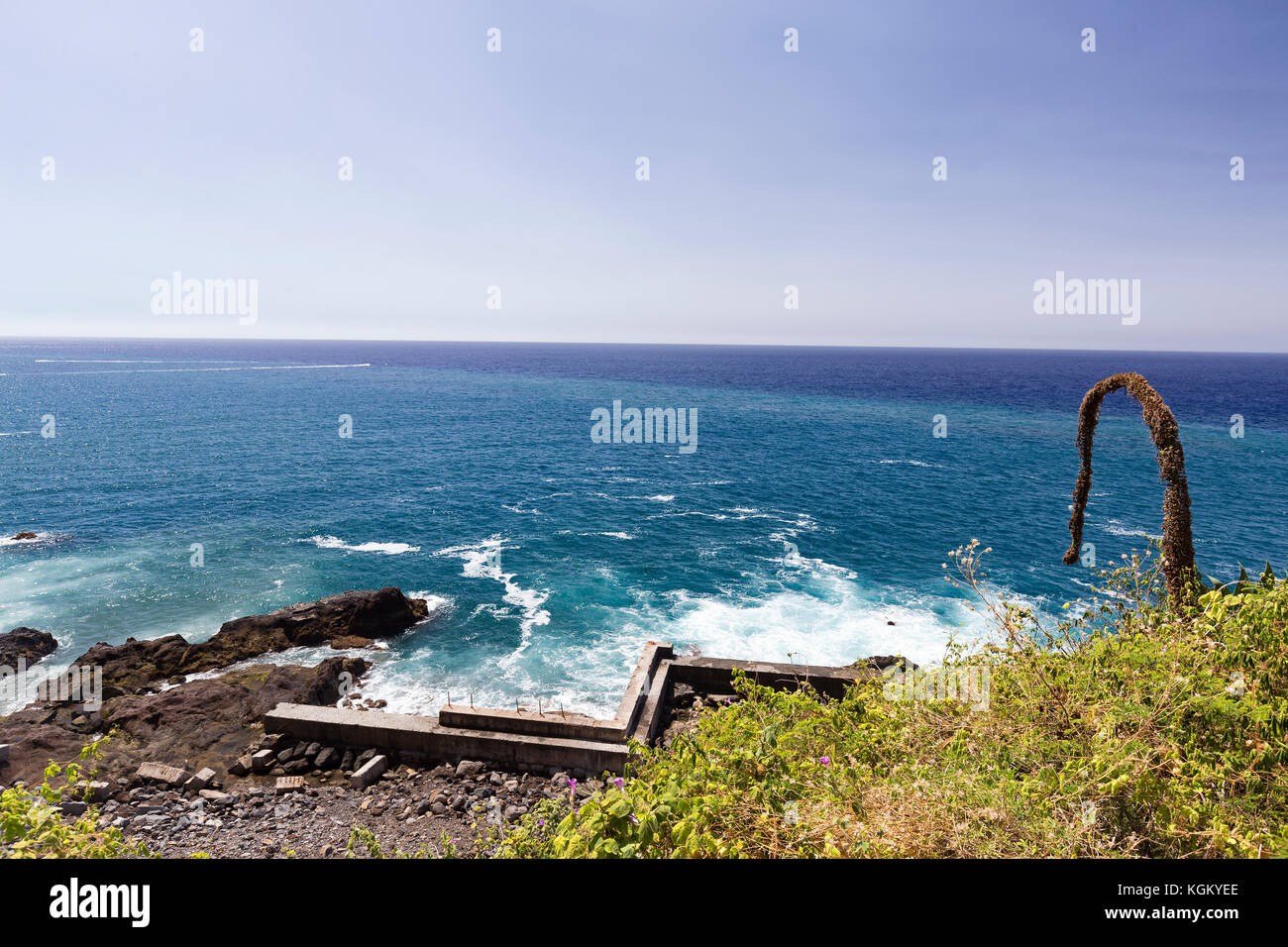 Water with two different hues of blue off the coast of Funchal in ...