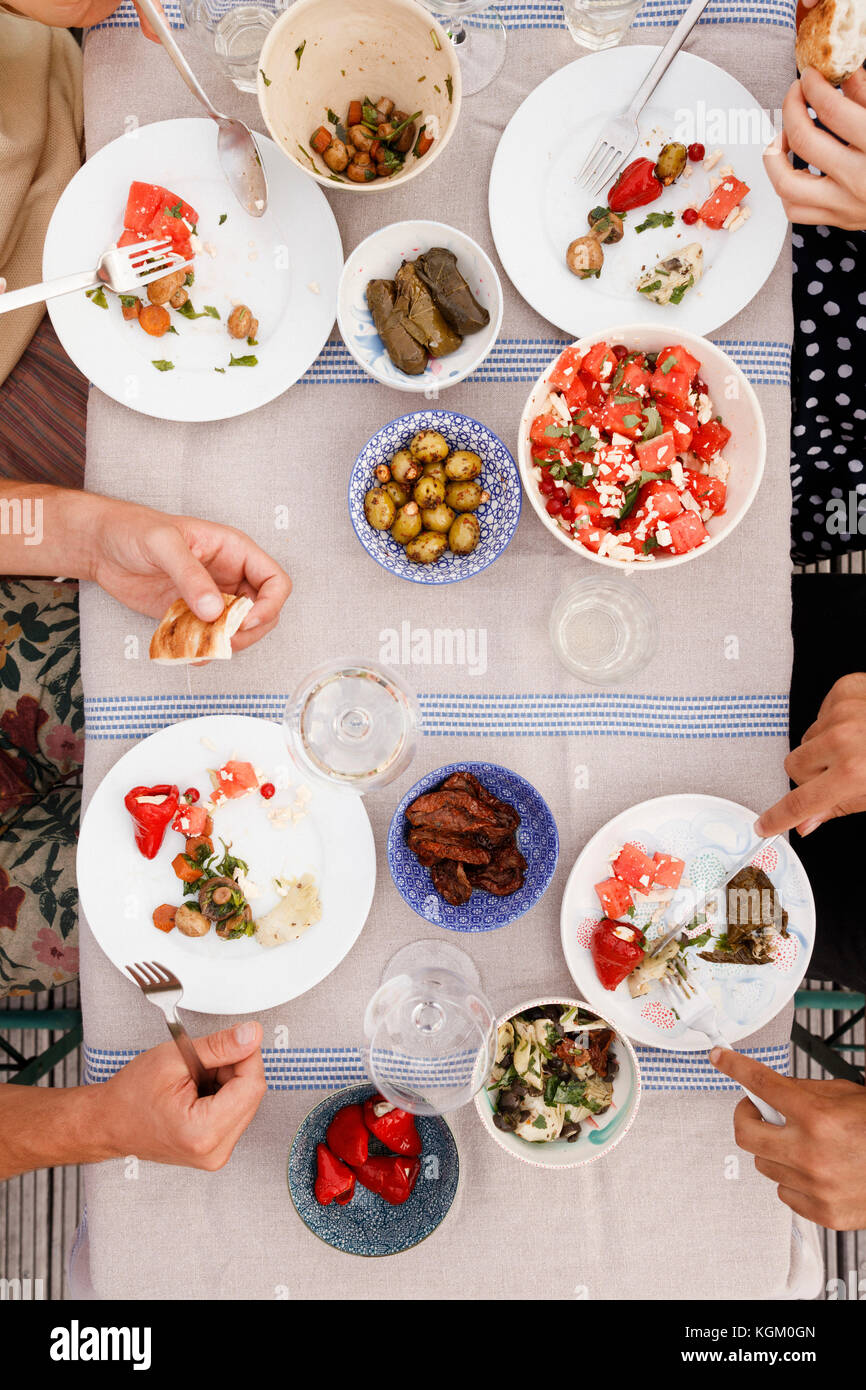 Directly above shot of friends having lunch at outdoor table Stock ...