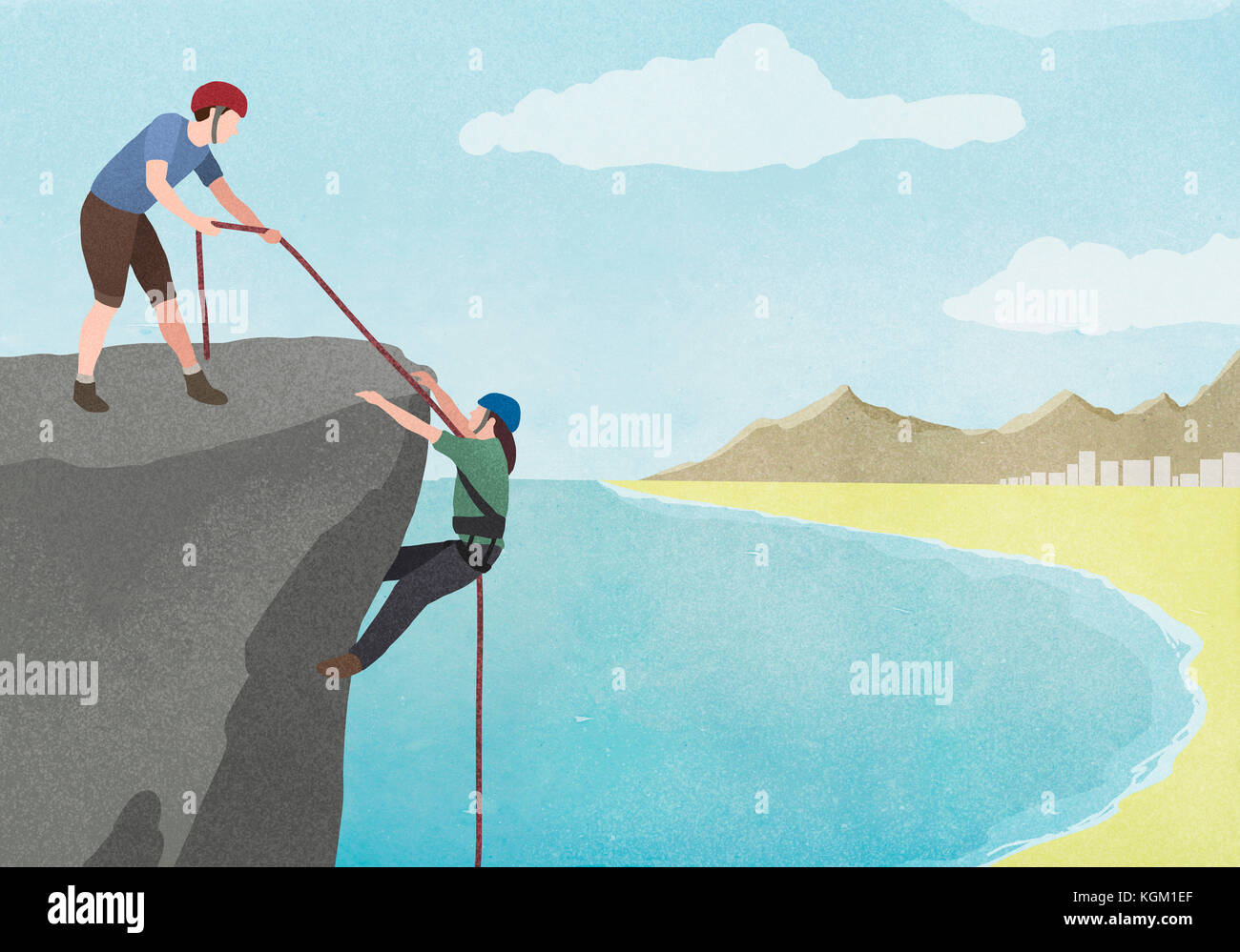 Illustration of man pulling woman with rope on cliff against sky Stock ...