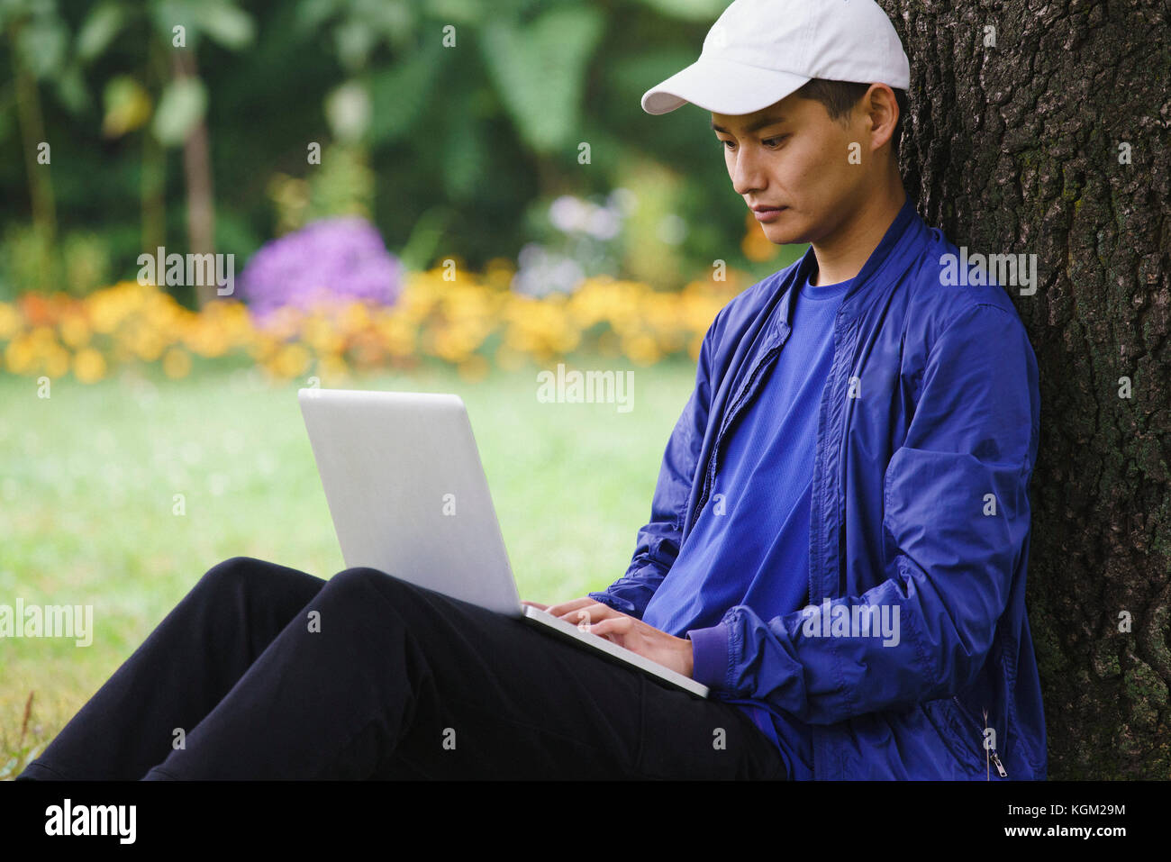 Young man using laptop while sitting by tree at park Stock Photo - Alamy