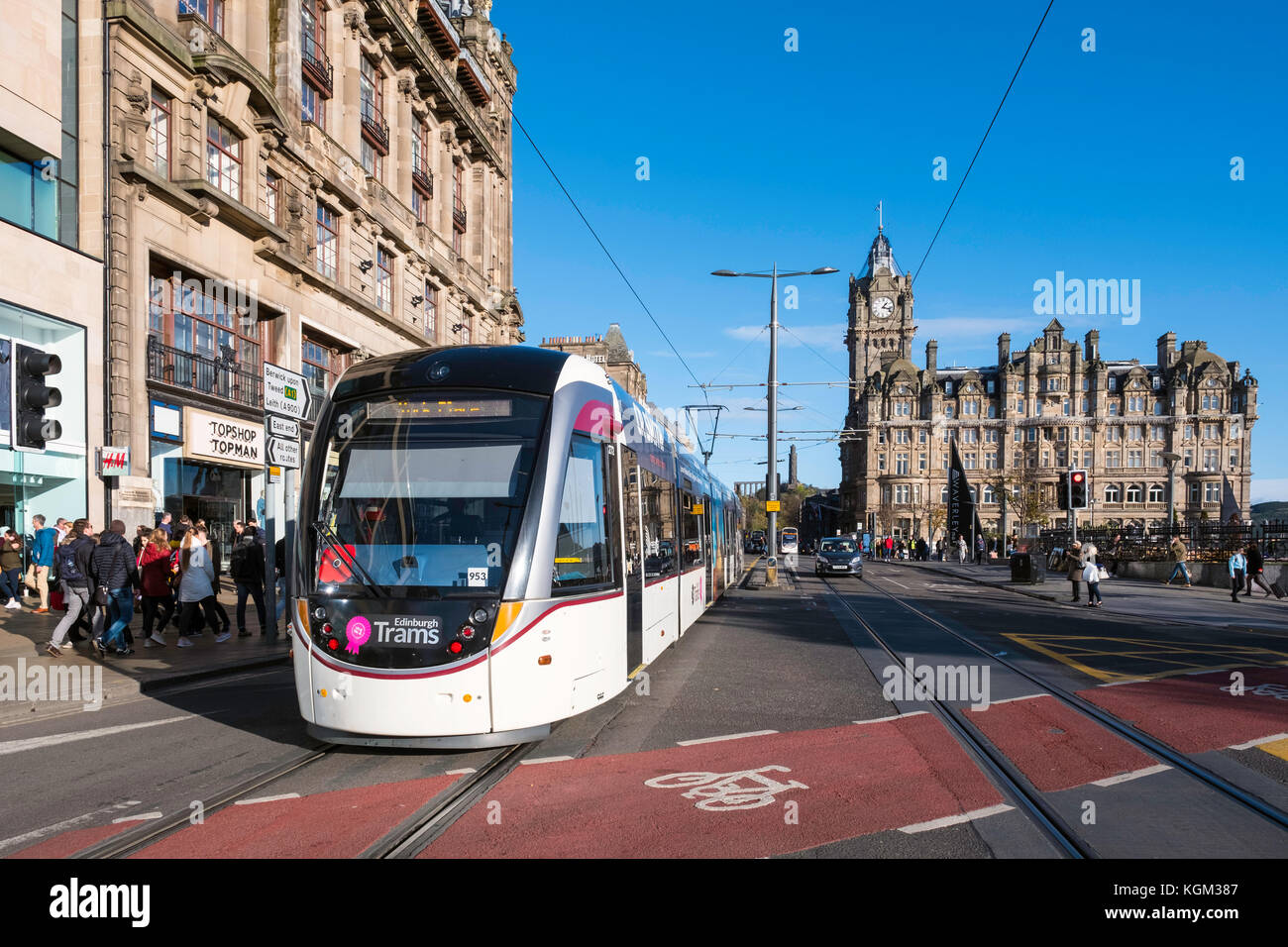 View along Princes street with tram and Balmoral Hotel visible in ...