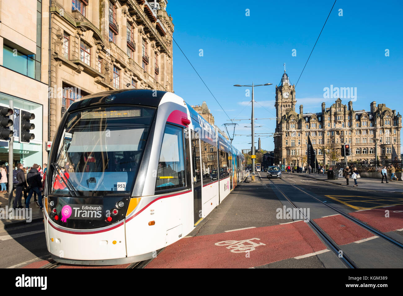 View along Princes street with tram and Balmoral Hotel visible in ...