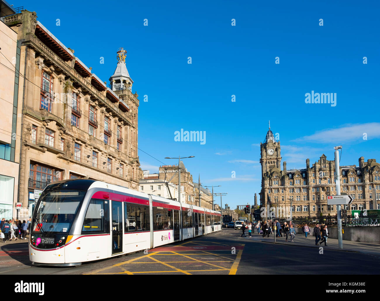 View along Princes street with tram and Balmoral Hotel visible in ...