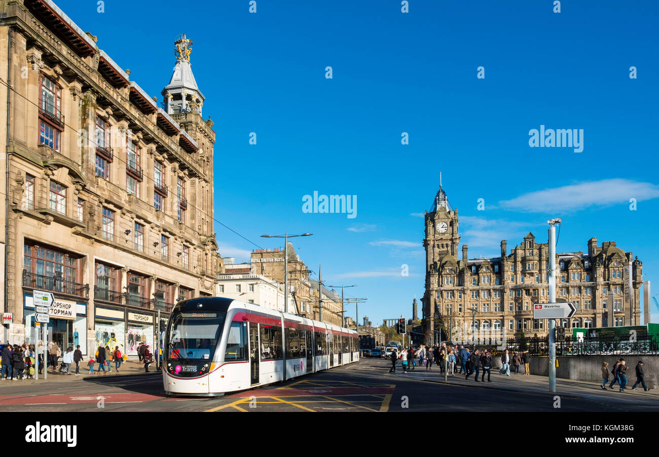 View along Princes street with tram and Balmoral Hotel visible in ...