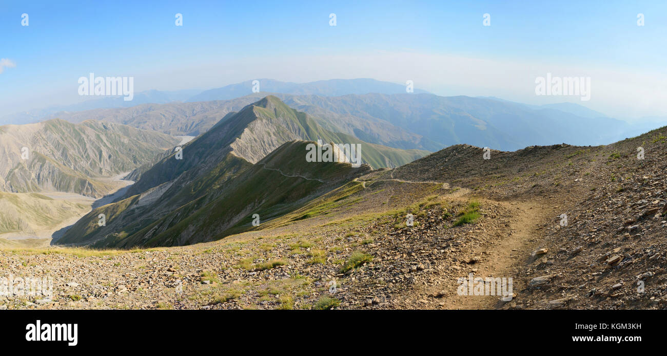 View of the Greater Caucasus mountains from Mountain Babadag trail in Ismayilli region of ...