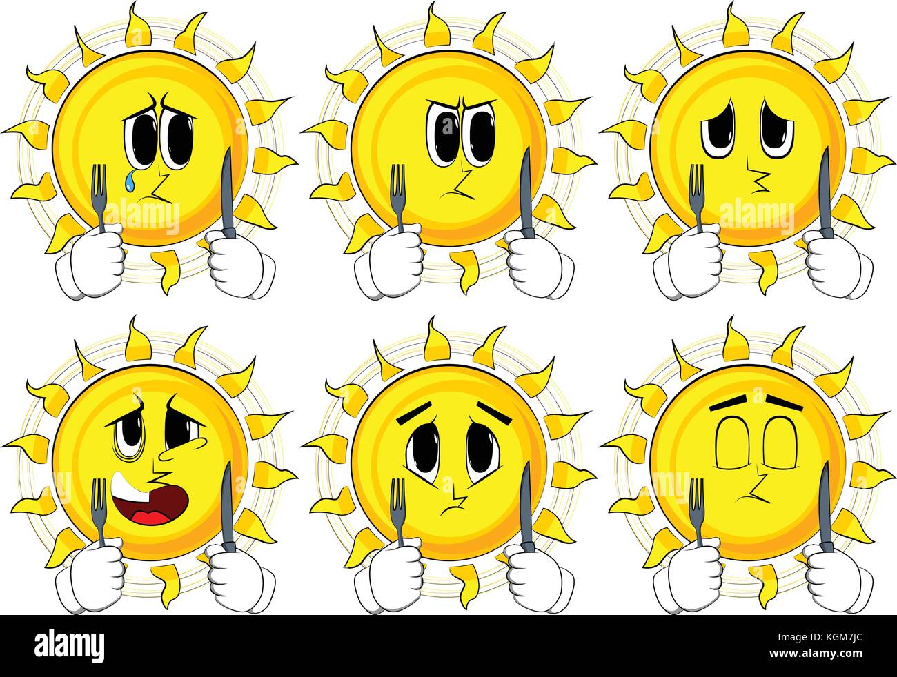 Cartoon sun holding up a knife and fork. Collection with sad faces ...