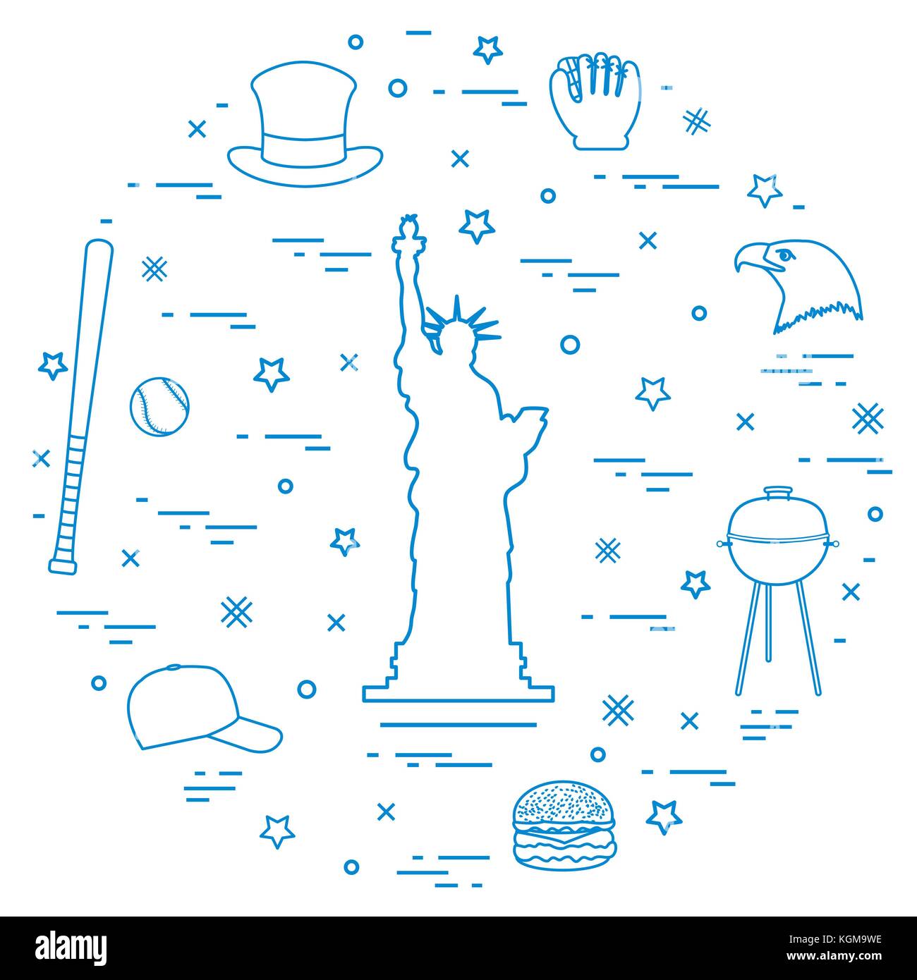 Illustration of statue of Liberty, eagle head, stars, hamburger, bat ...