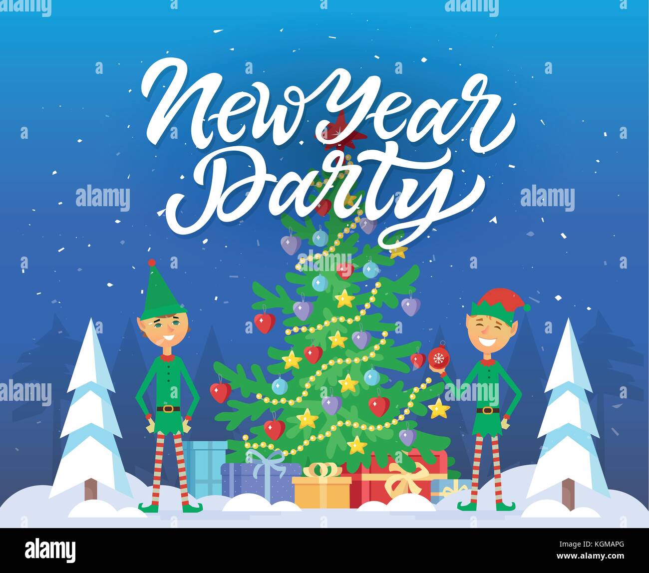 New Year party - cartoon characters illustration with calligraphy text ...