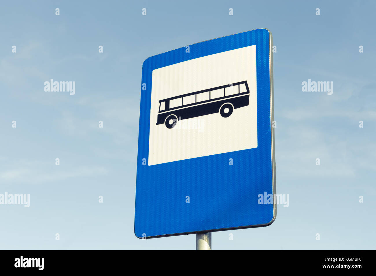 Bus station road sign on blue sky. Low angle hero shot picture Stock ...