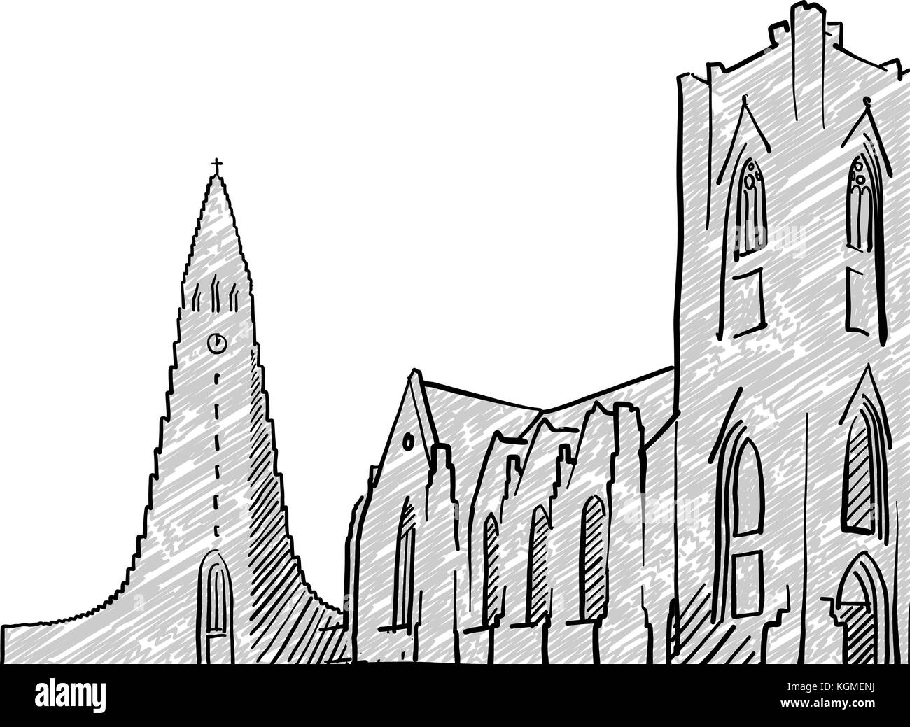 Reykjavik, Iceland famous Travel Sketch. Lineart drawing by hand ...