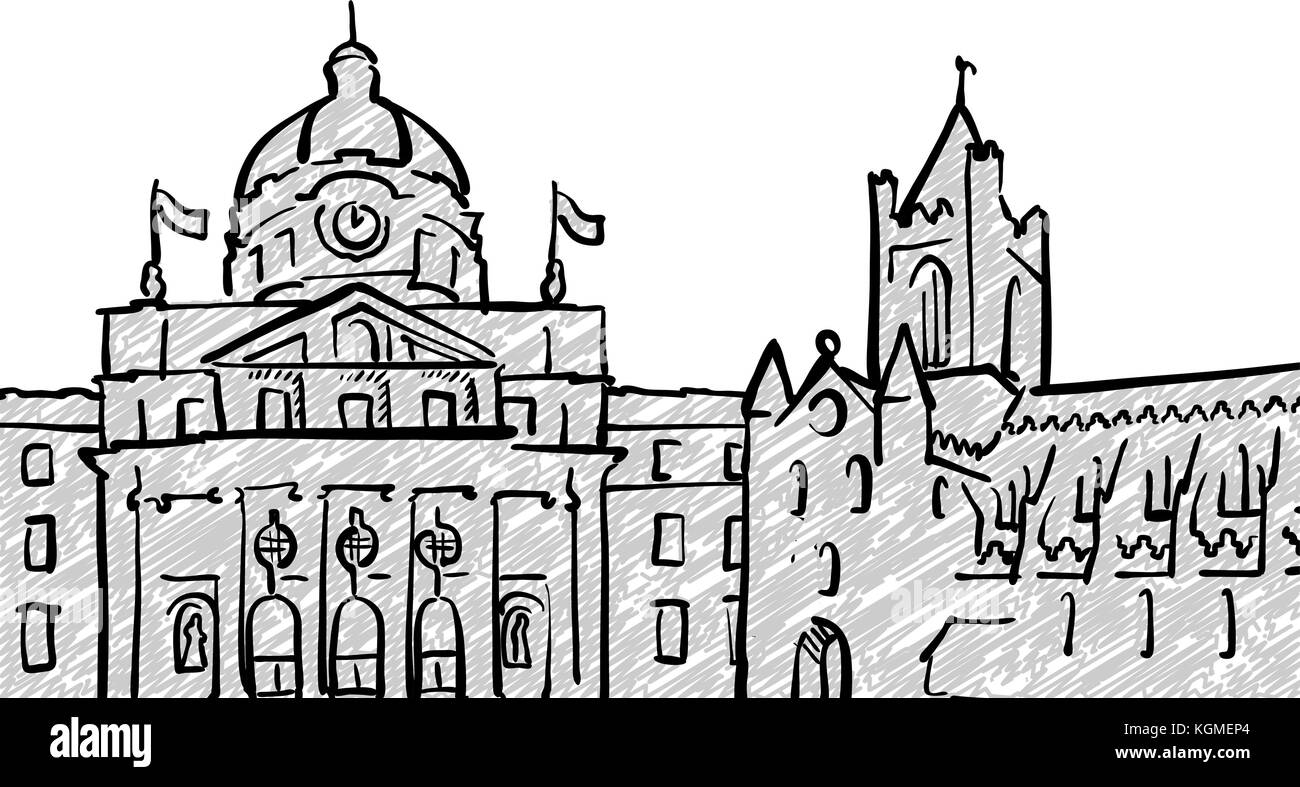 Dublin, Ireland famous Travel Sketch. Lineart drawing by hand. Greeting ...