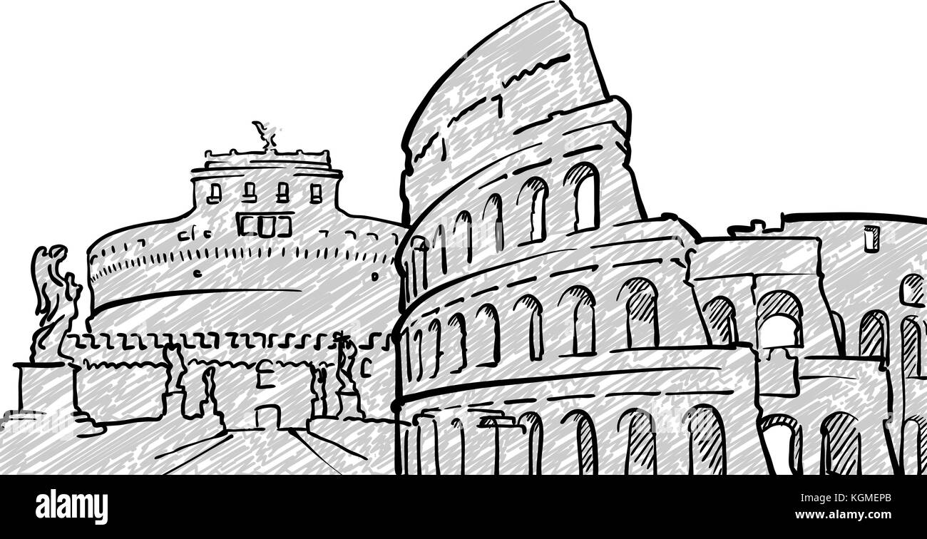 Rome, Italy famous Travel Sketch. Lineart drawing by hand. Greeting ...