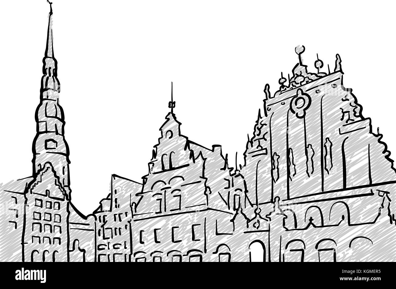 Riga, Latvia famous Travel Sketch. Lineart drawing by hand. Greeting ...