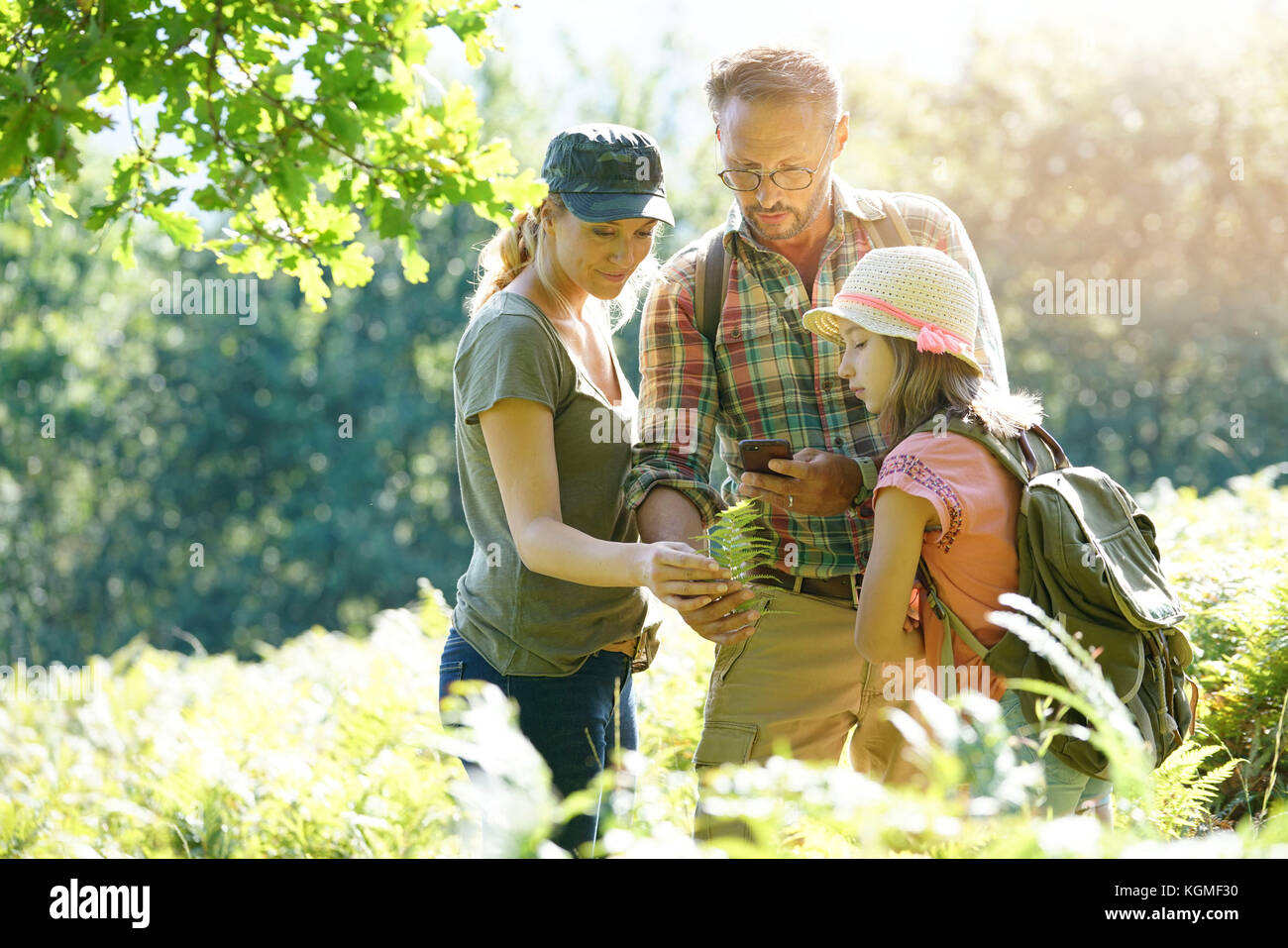 Family on rambling day looking at forest plants and trees Stock Photo ...