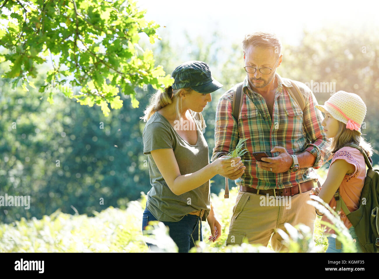 Family on rambling day looking at forest plants and trees Stock Photo ...