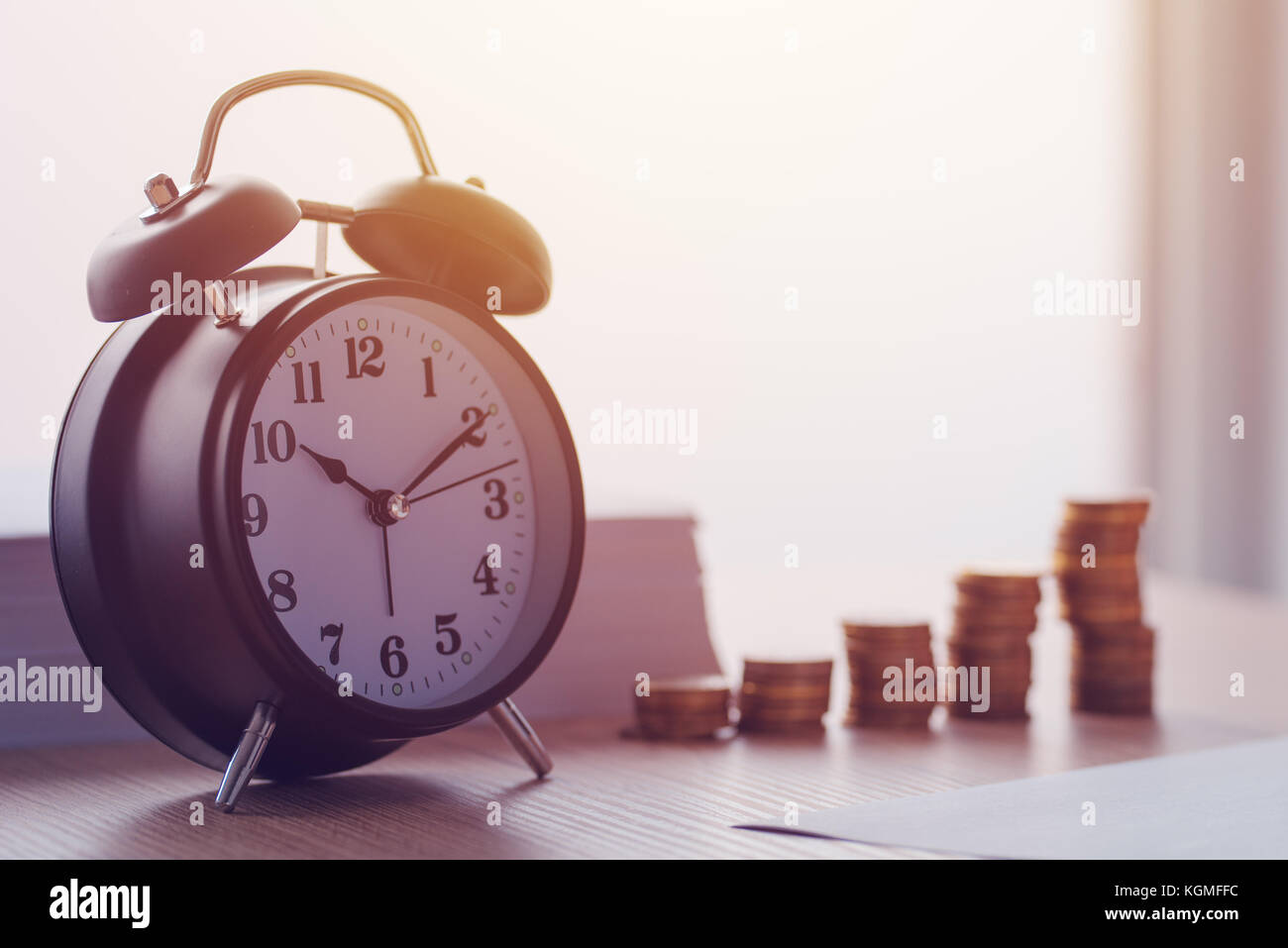 Savings, finances, economy and home budget calculations. Vintage clock ...