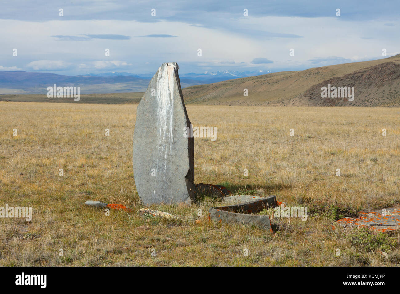 Ancient gravestones in the steppes of the Altai and Mongolia Stock ...
