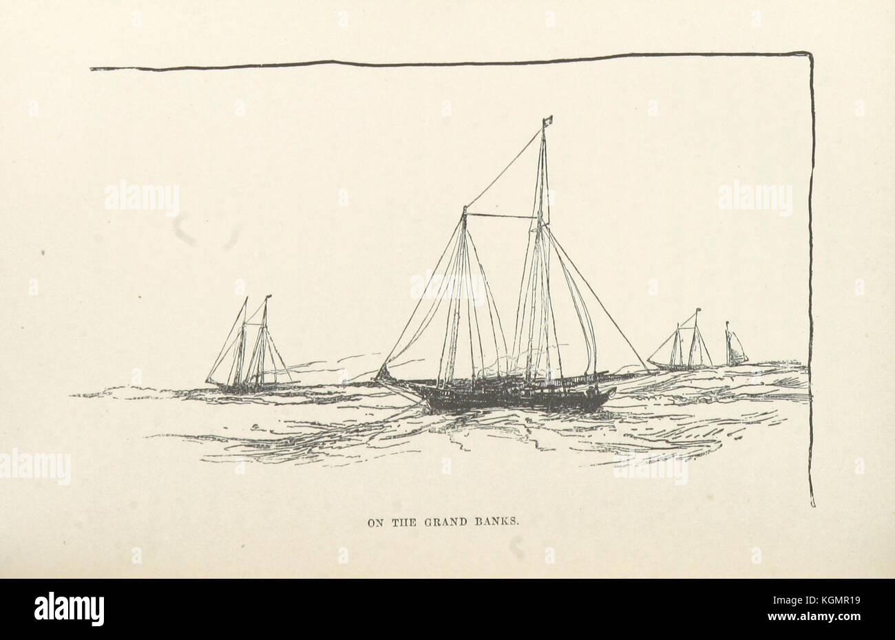 historic drawing image of old sailing ships on the Grand Banks Stock ...
