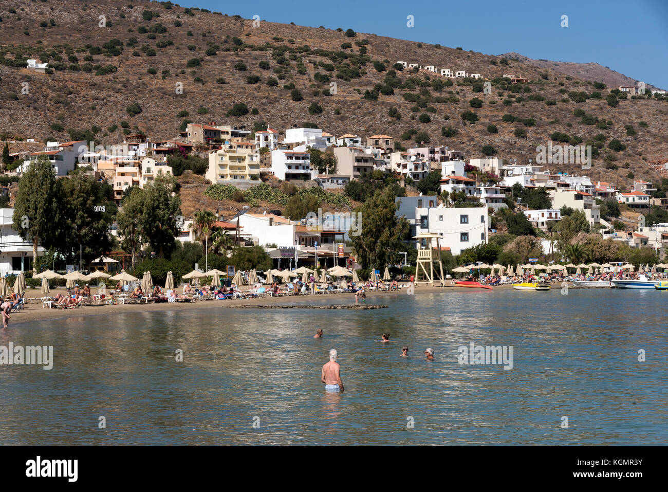 The beach at Elounda on the Gulf of Mirabello, northern Crete, Greece ...