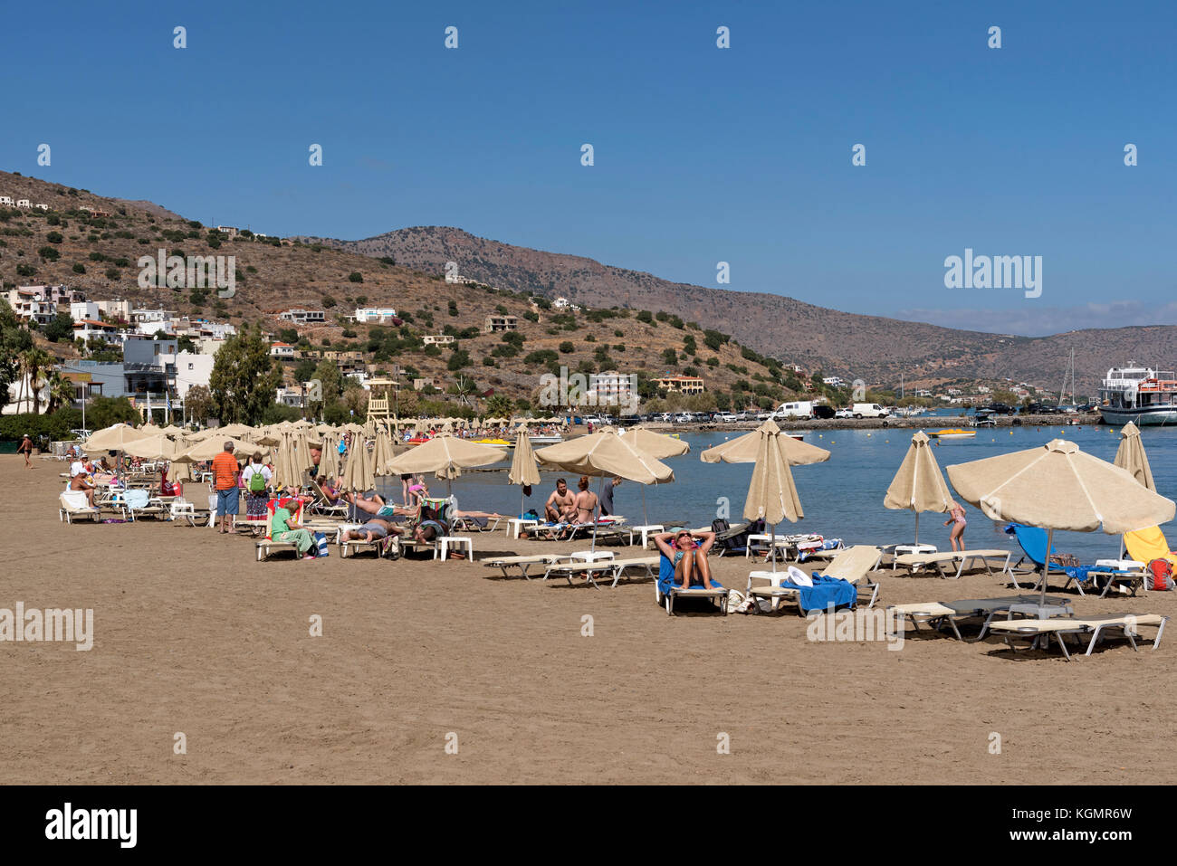 The beach at Elounda on the Gulf of Mirabello, northern Crete, Greece ...