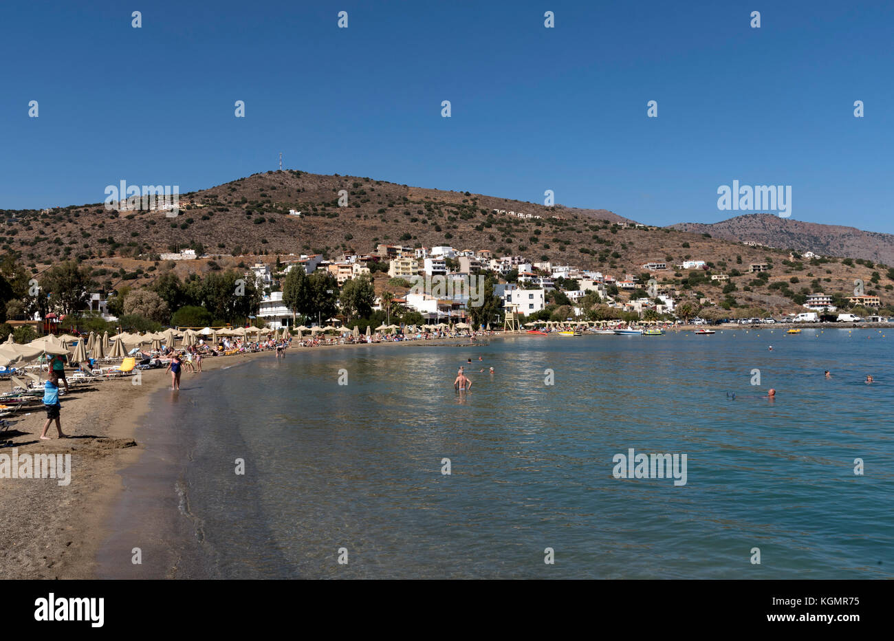 The beach at Elounda on the Gulf of Mirabello, northern Crete, Greece ...