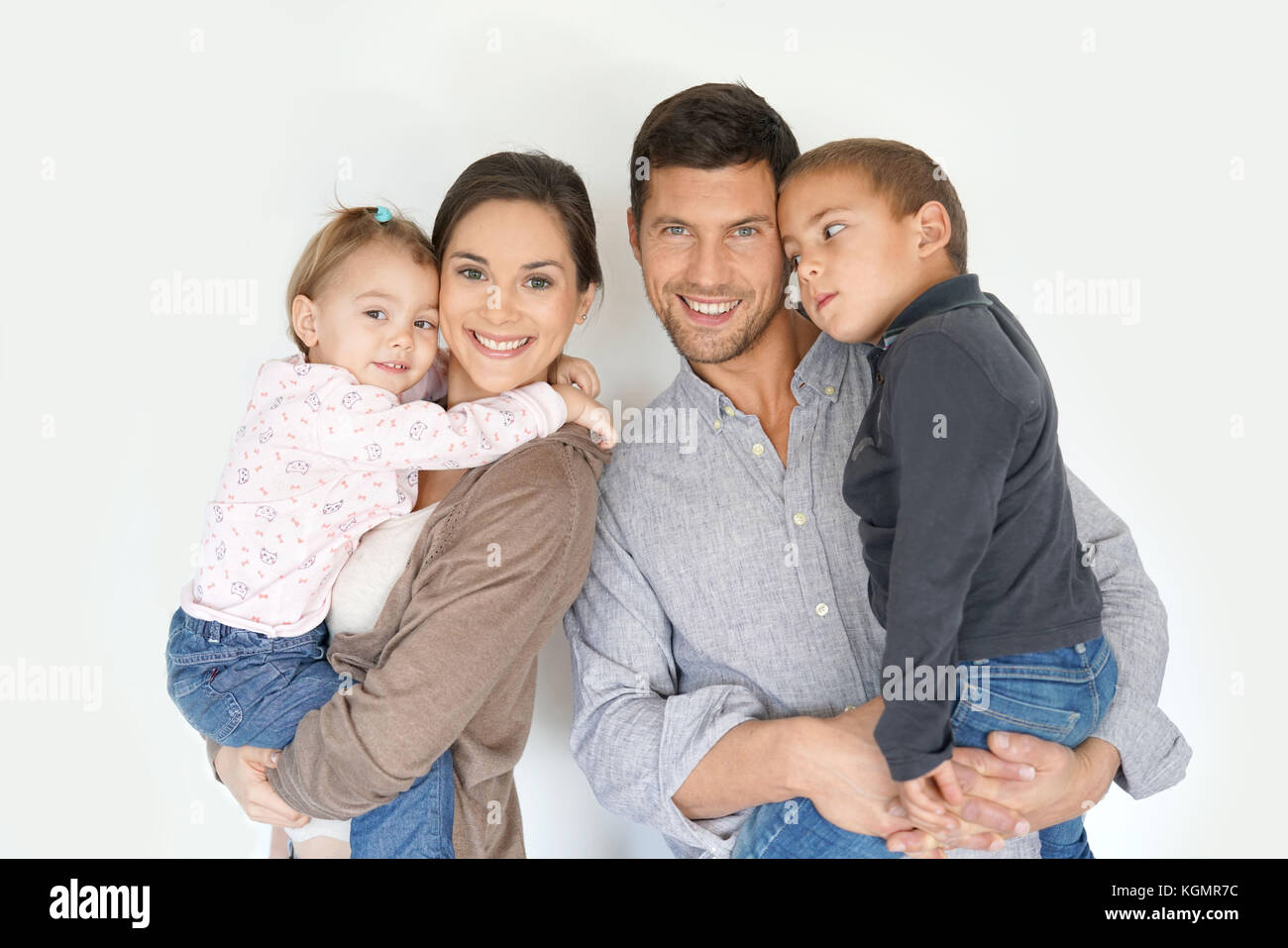 Portrait of happy family of four on white background Stock Photo - Alamy