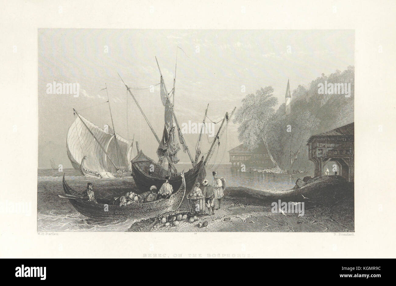 historic drawing image of ancient sailing ships with traders on shore ...