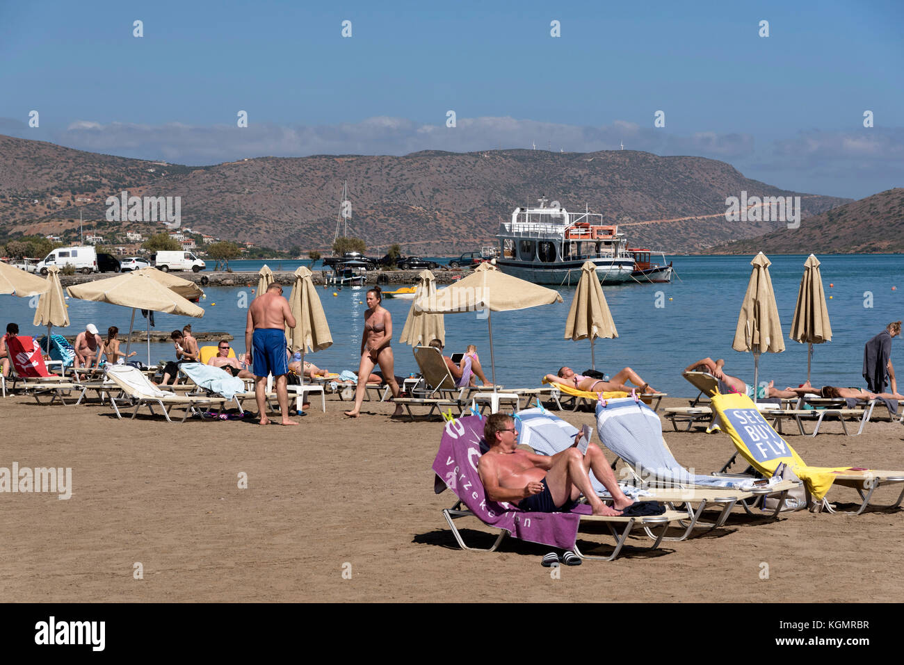The beach at Elounda on the Gulf of Mirabello, northern Crete, Greece ...