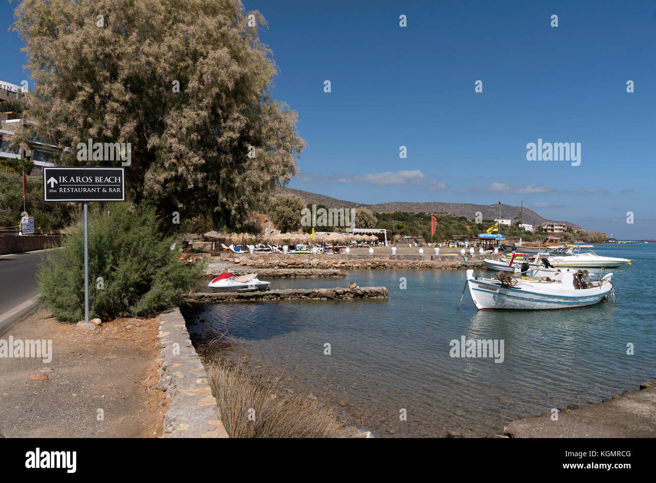 The Ikaros beach at Elounda on the Gulf of Mirabello, northern Crete ...
