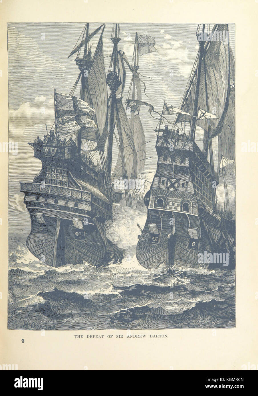 historic drawing image of old sailing ships fighting at the defeat of ...