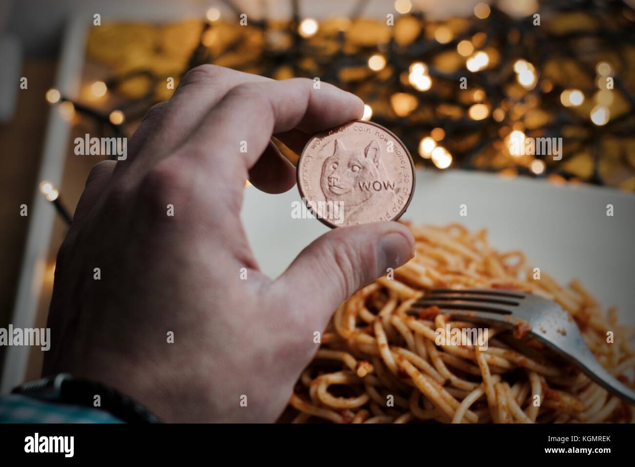 Digital currency physical brass dogecoin coin. Italian pasta food ...